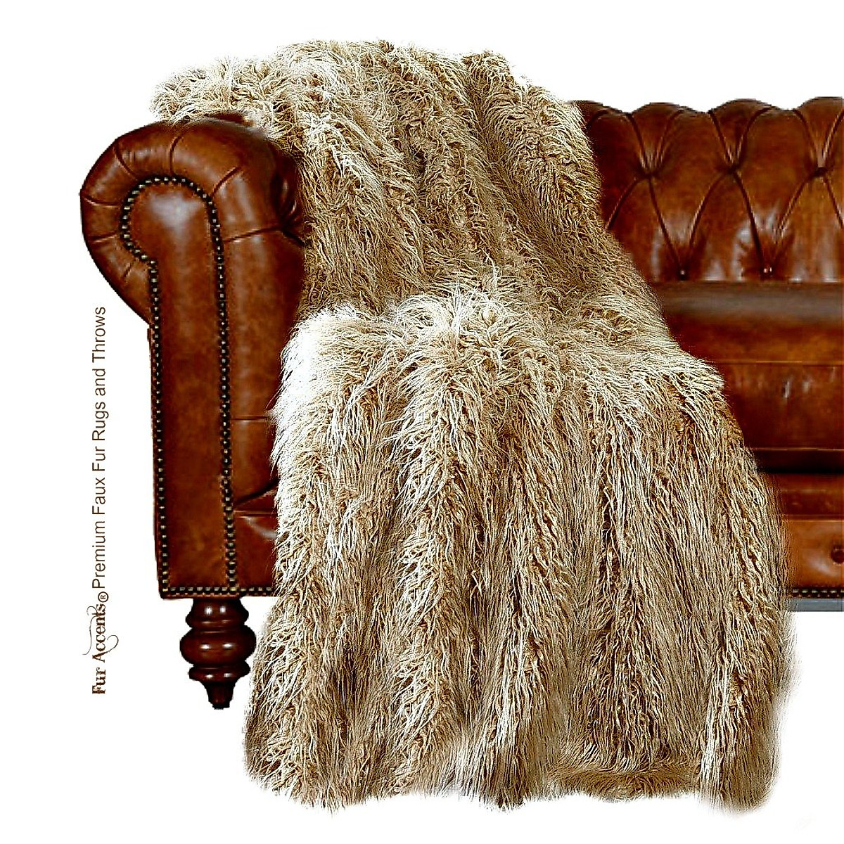 Fur Accents Luxury Faux Fur Throw Blanket - Natural Beige Mongolian Shag Long Hair Llama Sheepskin USA (5'X8')