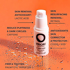 Priori Skincare Eye Crème with CoQ10 Lactic Acid Retinol Caffeine SOD Age Defying Eye Cream Corrective Hydrating Rejuvenating Eye Treatment 0.5 fl oz