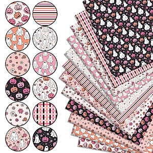 JarThenaAMCS 12Pcs Halloween Cotton Fabric Bundles 18 x 22 Inch Pumpkin Ghost Flower Fat Quarters Pink Black Holiday Sewing Fabrics for DIY Craft Party Decor