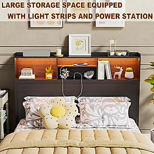 PAKASEPT Queen/Full Headboard Only for Bedroom, Stylish Bookcase Headboard with Charging Station & LED Lights, Headboards with Storage, 4-Tier Bookcase Headboard and Side Storage, Black