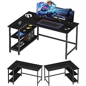 WOODYNLUX L Shaped Computer Desk - Home Office Desk with Shelf, Gaming Desk Corner Table for Work, Writing and Study, Space-Saving, Black