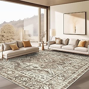 Rugland Area Rug - Stain Resistant Washable Rug, Anti Slip Backing Rugs for Living Room, Vintage Tribal Area Rugs (TPR07-Ivory, 9'x12')