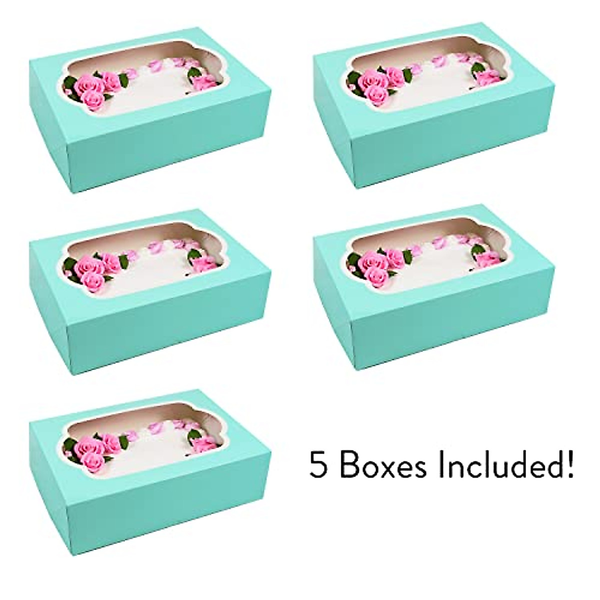 Global Sugar Art Auto-Popup Extra Deep Quarter Sheet Cake Box with Window, Designer Blue, 14 x 10 x 5 Inches, 5 Count. For 9 x 13 sheet cakes, cookies, pastries, desserts.