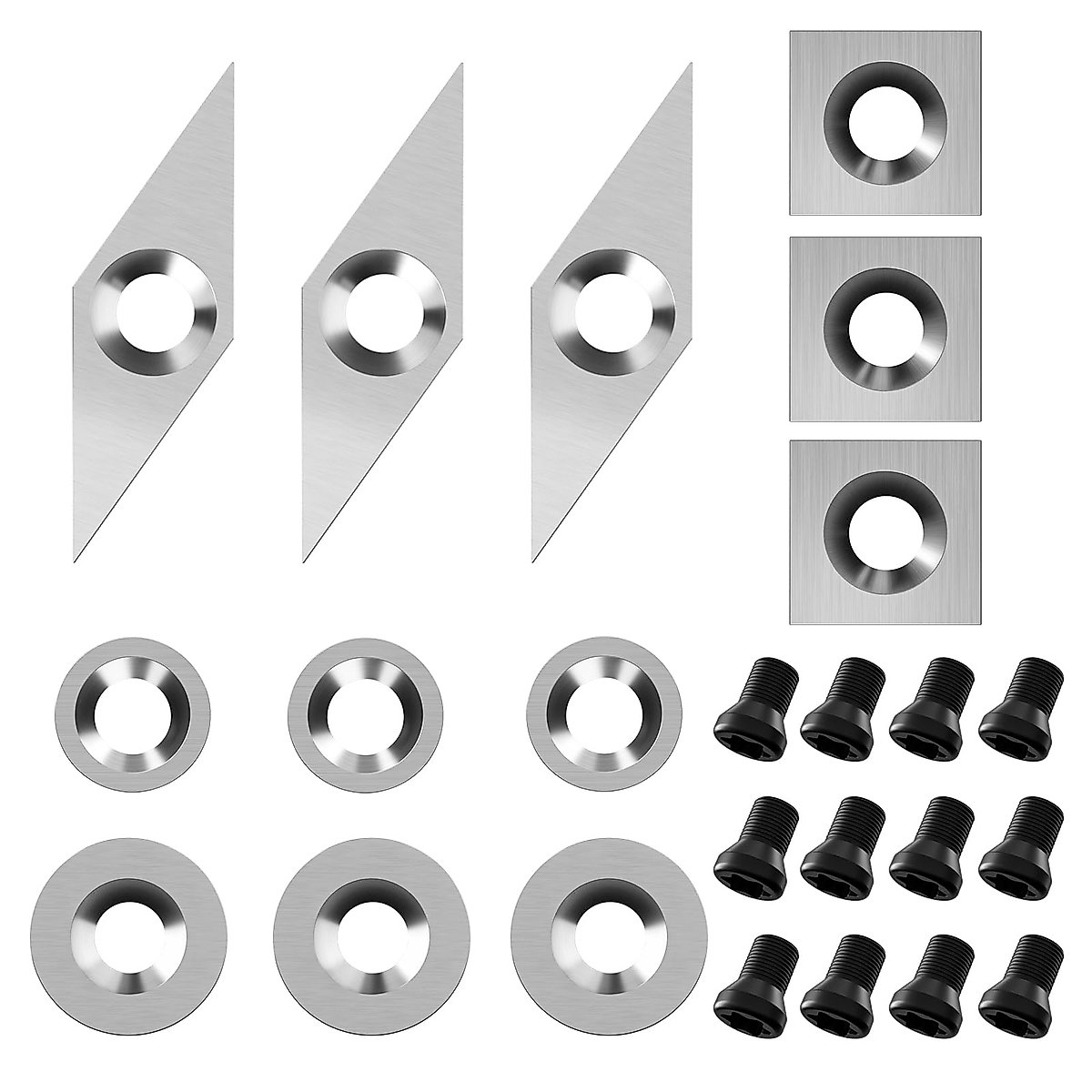 TBPA 24 Pieces Tungsten Carbide Cutters Inserts Set for Wood Lathe Turning Tools Included 11mm Square with Radius,12mm and 8.9mm Round, 30x10mm Sharp Point Diamond,12 Pieces screws