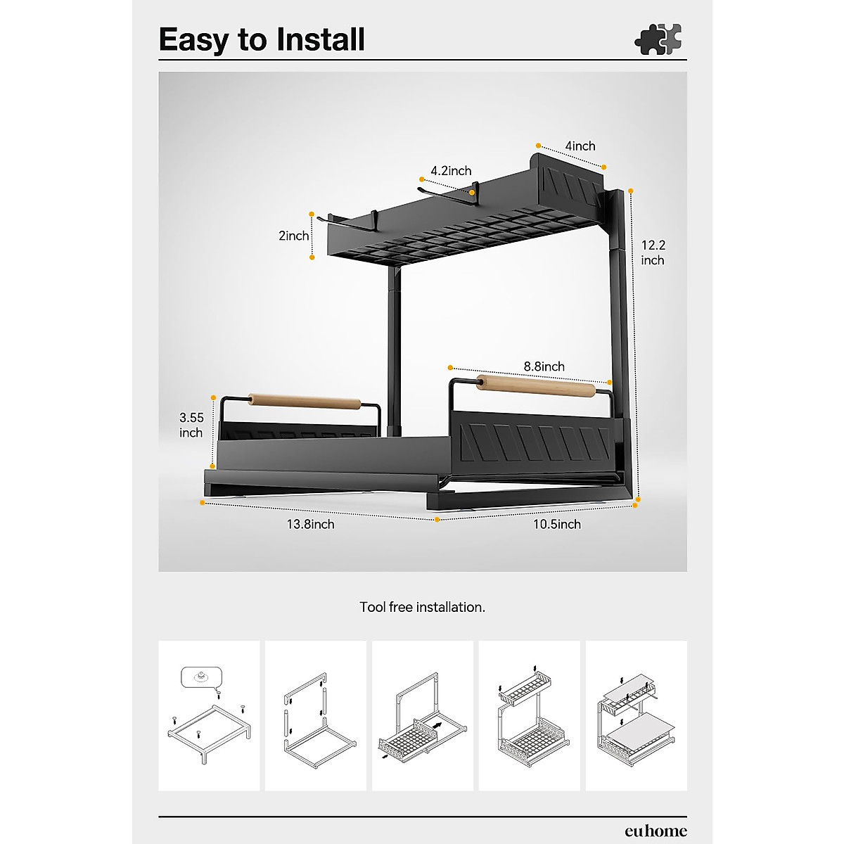 EUHOME Under Sink Organizers and Storage, Kitchen Under Sink Organizer, Slide Out Under Sink Storage for Bathroom 2 Tier Under Cabinet Organizer (Black, 1Pack)