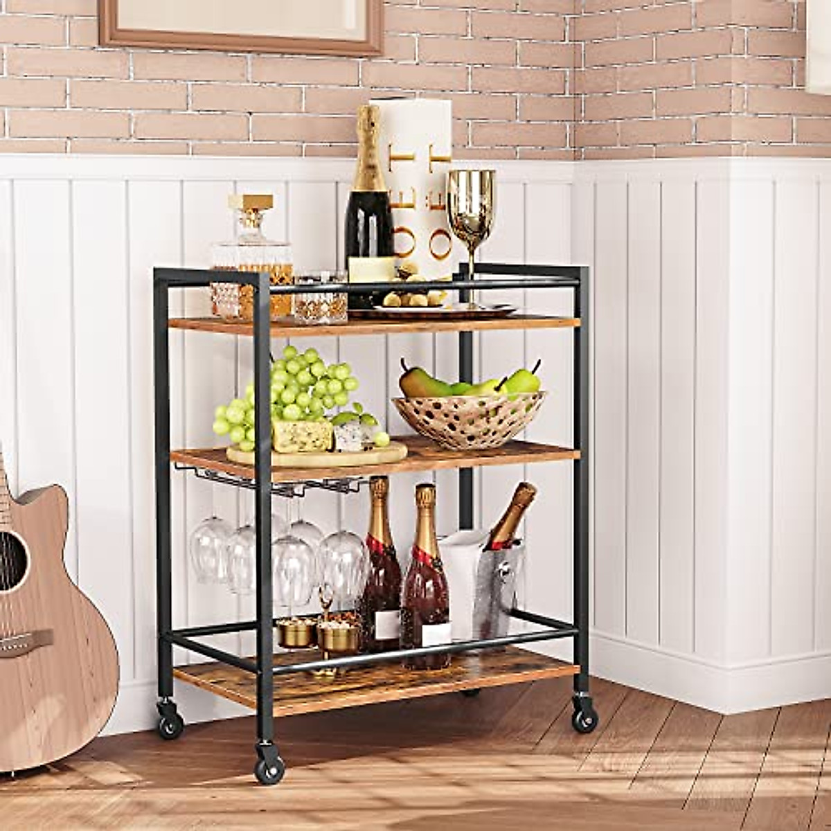 HOOBRO Bar Cart for The Home, Serving Cart with Wine Glass Hooks, Rolling Kitchen Cart with Lockable Wheels, 25.2 x 15.7 x 33.3 Inches Beverage Cart with Storage Shelves, Rustic Brown BF02TC01
