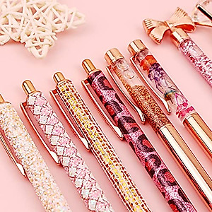 12 Pcs Rose Gold Ballpoint Pen Set Metal Crystal Diamond Pen Liquid Sand Glitter Pen for Journaling Black Ink Retractable Crystal Glitter Fancy Pens Gifts for Women School Wedding Office Home Supplies