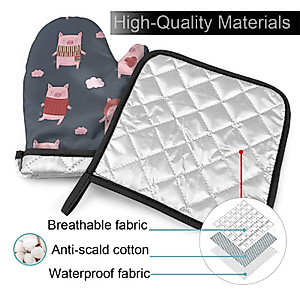 Cute Cartoon Pigs Oven Mitts and Pot Holders Sets Heat Resistant Oven Gloves with Non-Slip Surface for Reusable for Baking BBQ Cooking