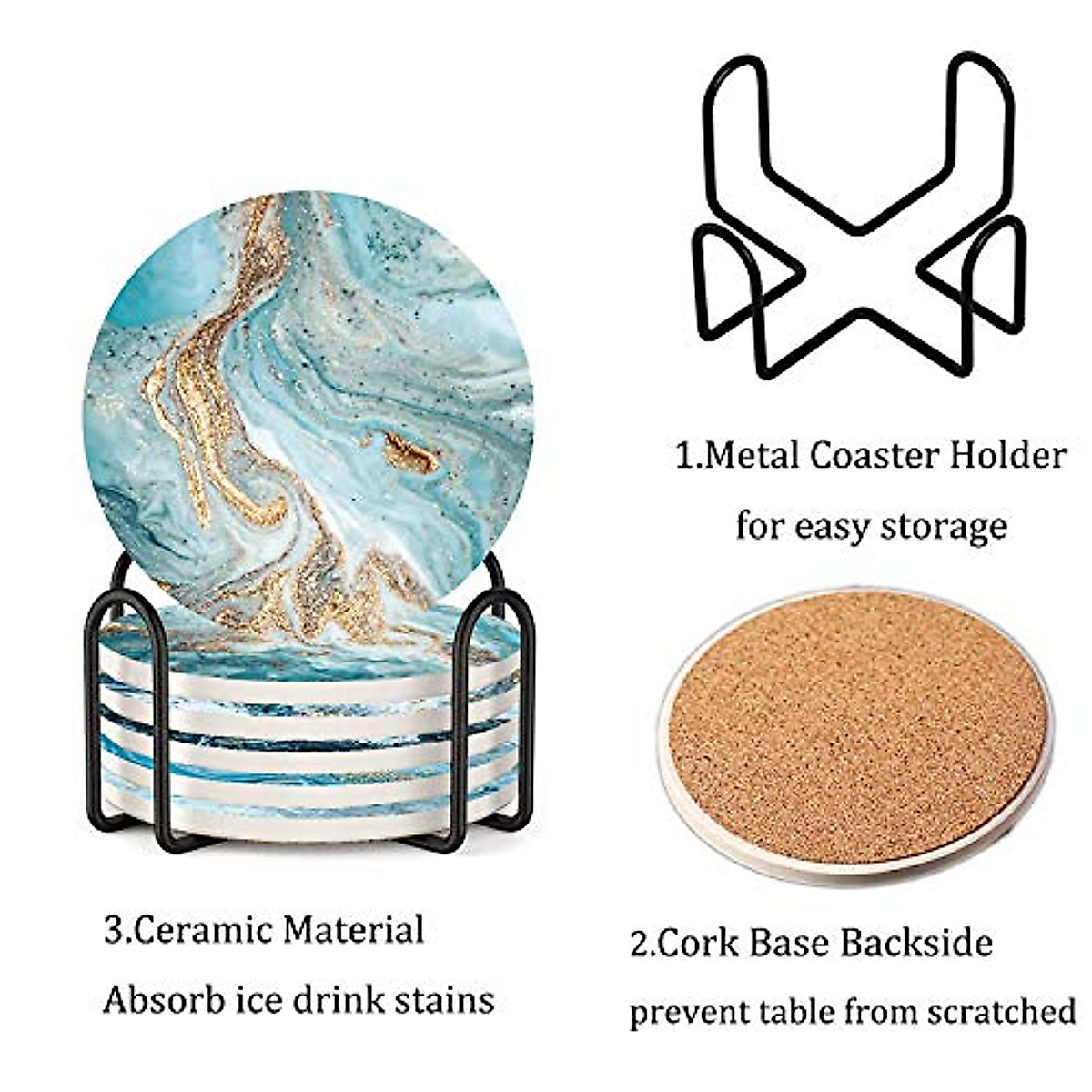 Coasters for Drinks with Holder Set of 6,Marble Blue Ocean Style Absorbent Ceramic Coasters with Cork Base,No Scratched and Soiled