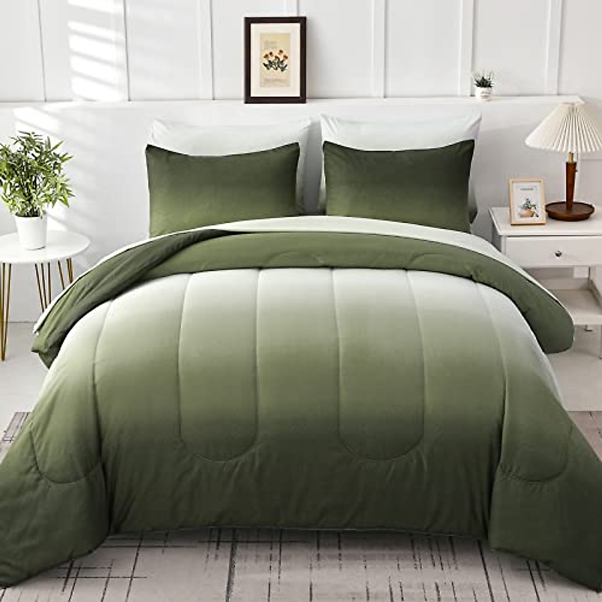 7 Pieces Gradient Olive Green Comforter Set Queen - Lightweight Green Bed in a Bag Queen Size Set, All Season Down Alternative Complete Bedding Set with Flat/Fitted Sheet, Pillowcases and Pillow Shams