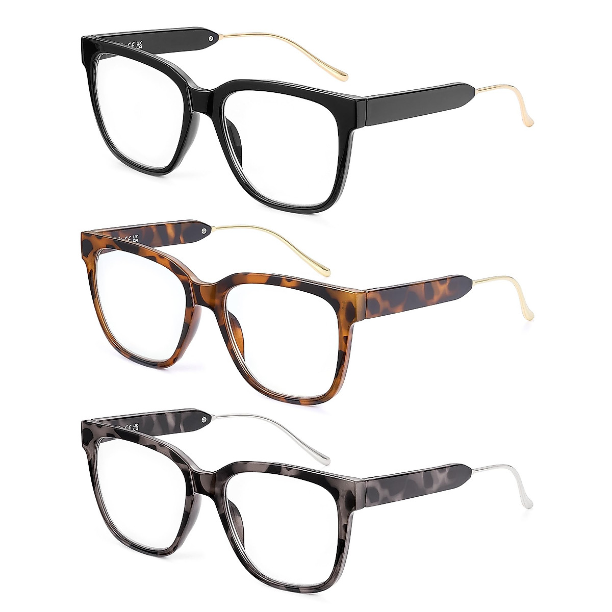 JM 3 Pack Classic Square Reading Glasses for Women Men, Retro Trendy Oversized Square Blue Light Blocking Readers +1.75