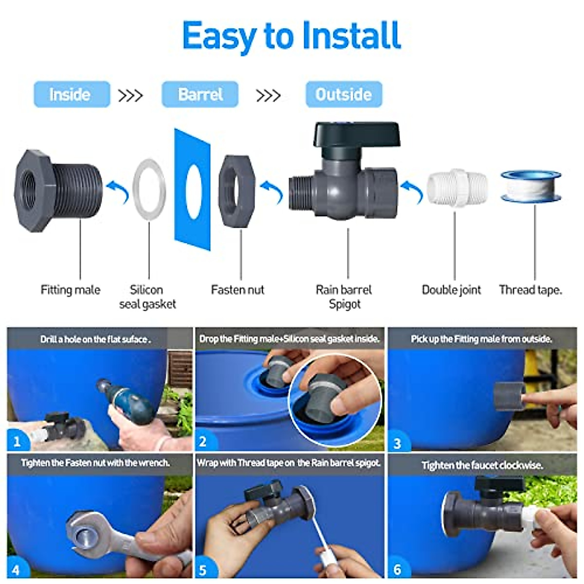 2 Pack Rain Barrel Spigot Kit - Suswillhit Water Barrel PVC Garden Diverter Kit with Bulkhead Fitting Hose Faucet Adapter and Thread Seal Tape for Water Tanks, Aquariums, Tubs, Pool, Garden Barrel