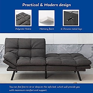 MLILY Memory Foam Futon Sofa Bed, Convertible Sofa Couch with Adjustable Backrest and Armrest, Modern Sleeper Couch Bed for Office, Living Room, Bedroom and Sitting Room, Grey
