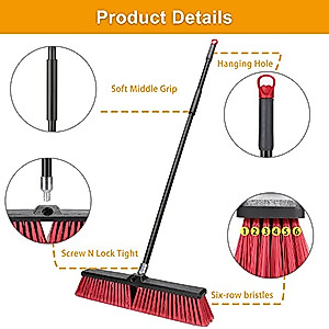 18 inches Push Broom Outdoor Garden Broom with 63" Long Handle for Deck Driveway Garage Yard Patio Concrete Floor Cleaning(Red)
