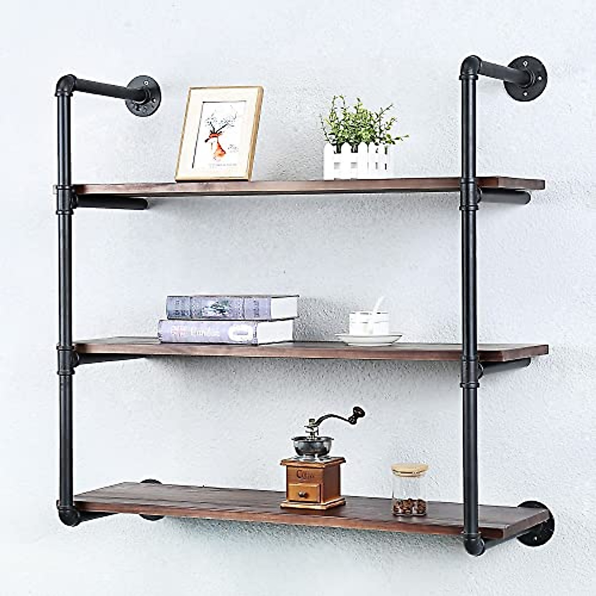 SUJIN Industrial Pipe Shelving Floating Shelves for Wall,Pipe Shelves with Wood Rustic Wall Shelves,36in Pipe Wall Shelf Metal Floating Shelf Wall Mounted,Iron Floating Bookshelf Hanging Book Shelves