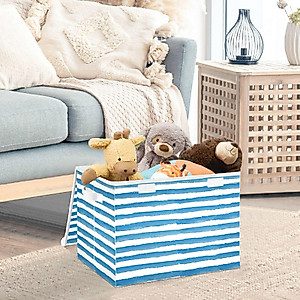 Gredecor Blue-white Stripes Large Storage Basket Bins with Lid Storage Boxes Organizer with Handle 16.5"x12.6"x11.8" Collapsible Storage Cube for Toys Bedroom Nursery Home