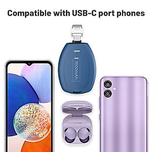 HUAENG USB C Keychain Portable Charger, 1600mAh Mini Type-C Power Emergency Pod Ultra-Compact External Battery Pack Power Bank for Samsung Andriod Key Ring Cell Phone Charger-Blue