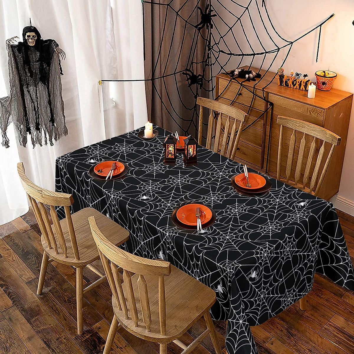 DAZONGE Spider Web Tablecloth for Halloween Party Decorations, 2 Pack Plastic Halloween Table Covers 54''x110'' Black, Spill-Proof Spider Web Table Cloth for Halloween Decor