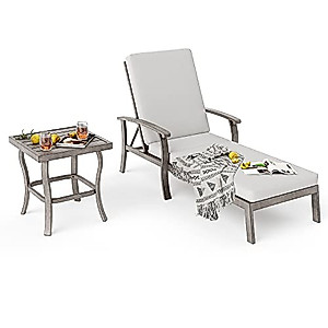 HAPPATIO Aluminum Patio Chaise Lounge Set 2 Pieces, Aluminum Patio Lounge Chair with Side Table, Pool Lounge Chair with Cushion, Outdoor Chaise Lounge Chair for Patio Deck Poolside (Gray)