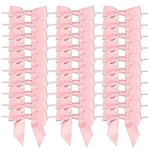 AIMUDI Baby Pink Satin Ribbon Twist Tie Bows 3.5" Light Pink Pretied Bows Premade Craft Bows for Treat Bags Cake Pop Gift Wrapping Basket Wedding Favors Cookie Candy Bagging Baby Shower - 50 Counts