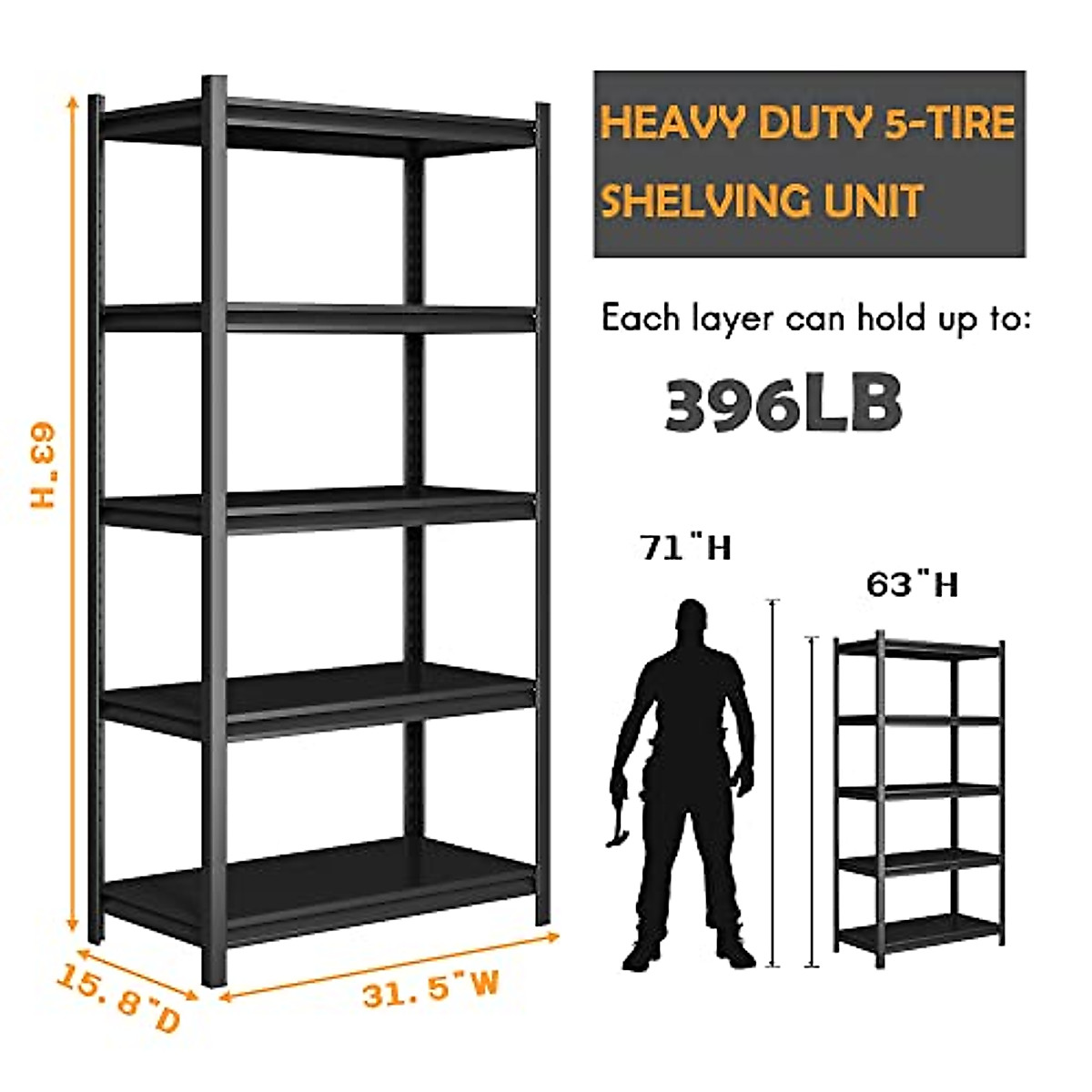 Leariso 5-Tier Garage Shelving Heavy Duty, Adjustable Garage Storage Shelves, 63" H Metal Shelves for Storage, Utility Shelf Rack for Warehouse Basemen Pantry Kitchen, 31.5" W x 15.8" D x 63" H…