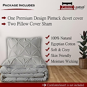 eBeddy Linens Premium Pinch Pleated Duvet Cover Set 800-TC King/Cal-King Size 104x90 Inch Pure Egyptian Cotton Soft 3 Pieces Set Zipper Closure & Corner Ties, Pintuck Silver Grey