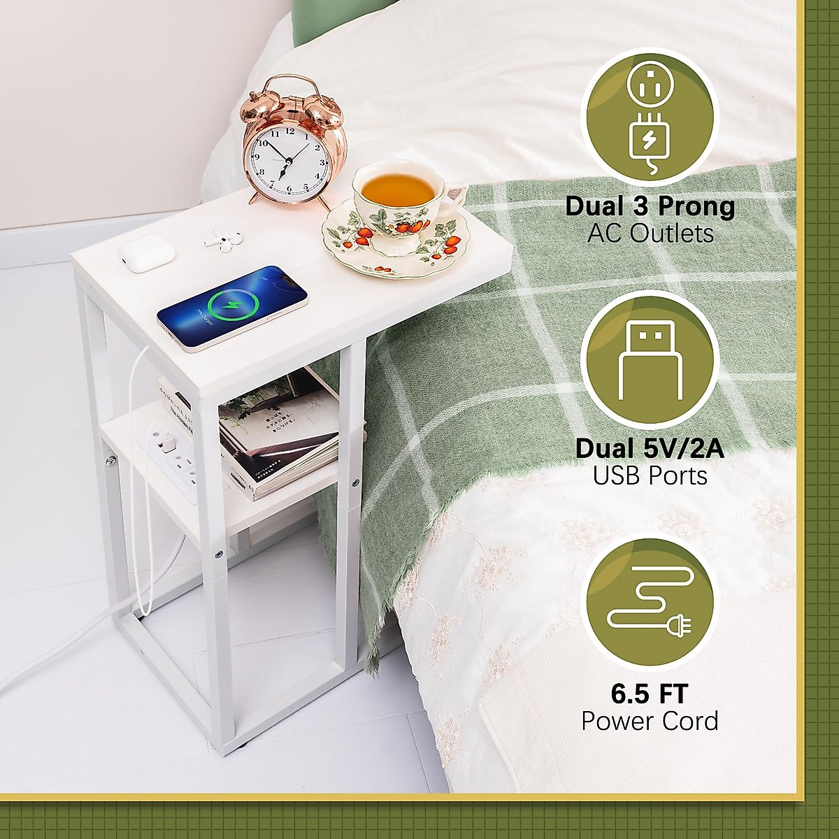 Yoobure C Shaped End Table with Charging Station, Small Side Tables for Living Room Bedroom, Sofa Table with USB Ports and Outlets for Small Spaces, Couch Table Rustic Snack Table Bed Side Table
