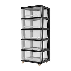 Dcehkr Storage Drawers 5 Drawer Plastic Drawers with 4 Caster Wheels Plastic Drawer Storage Suitable for Organize Books, Jewelry, Cosmetics, Towels, Snacks and Miscellaneous Items (Black)