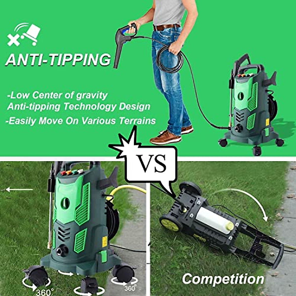 Suyncll Electric Pressure Washer - 2.2GPM Power Washers Electric Powered with 360° Spinner Wheel, 5 Quick Connect Nozzles, 500ML Foam Cannon, Total Stop System Cleans Cars/Fences/Patios, 1800W(Green)