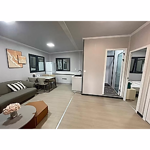 Prefabricated Modular Home with 2 Bedrooms, 1 Kitchen with Well furnished, 1 Bathroom with Exhaust Fan, 1 Living Room with Windows and Glass Doors, Sections