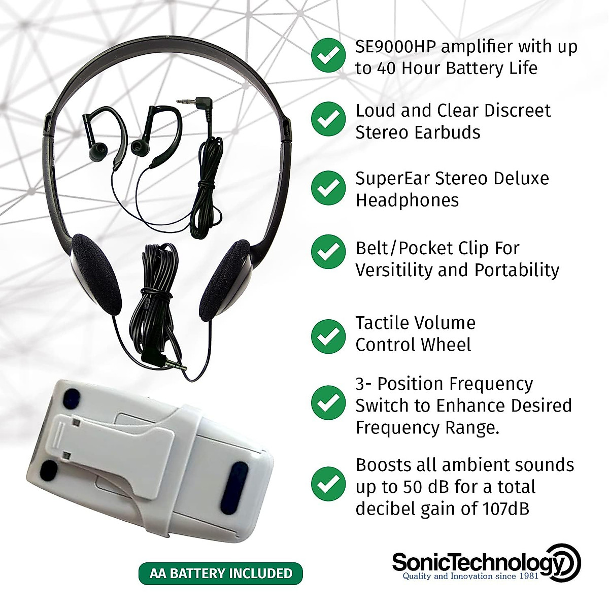 SuperEar Rechargeable Personal Sound Amplifier - 50dB Amplifier with Headphones, Earbuds and Tactile 3 Tone Frequency - Sound Amplifiers for Seniors, Adults and Audiologists - Model SE9000HP (PSAP)