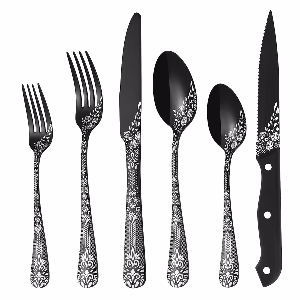 EUIRIO 36-Piece Black Silverware Set with Steak Knives, Black Flatware Set for 6, Stainless Steel Mirror Cutlery Set, Spoons Forks Knives Set with Unique Floral Laser, Eating Utensils, Dishwasher Safe