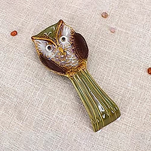 Luxshiny Owl Spoon Rest Ceramic Ladle Holder Spatula Spoon Holder Utensil Rester Stand for Stove Top Kitchen Counter Dining Table Coffee Station (Green)
