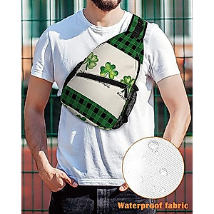 Sling Backpack, St. Patrick's Day Lucky Shamrock Black and Green Buffalo Plaid Waterproof Lightweight Small Sling Bag, Travel Chest Bag Crossbody Shoulder Bag Hiking Daypack for Women Men