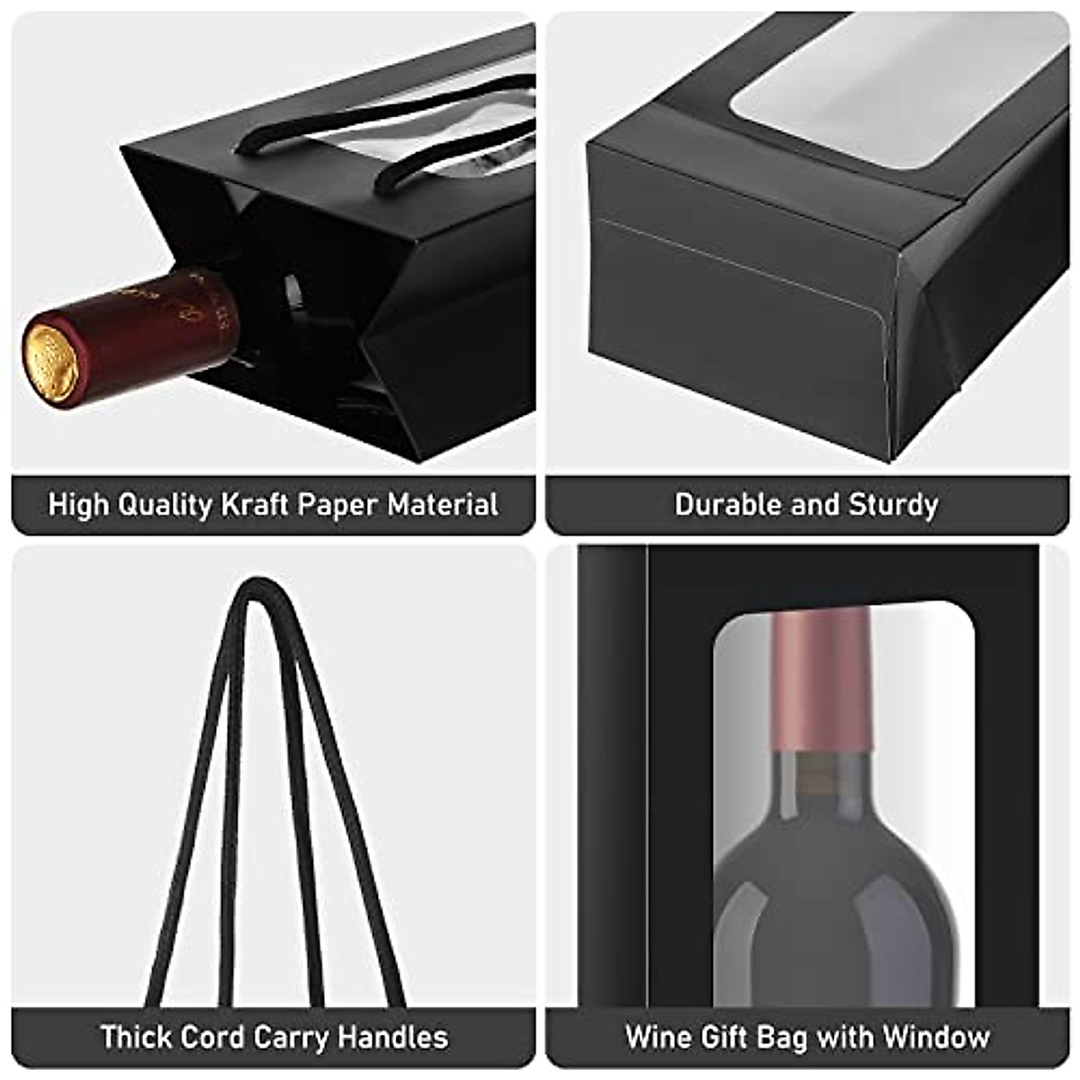 50 Pcs Wine Gift Bag with Window 4.9" x 3.6" x 14.2" Kraft Paper Wine Bags with Windows Kraft Paper Flower Wrapping Bag Transparent Window Bags for Valentine's Day Birthday Wedding Party Gift (Black)