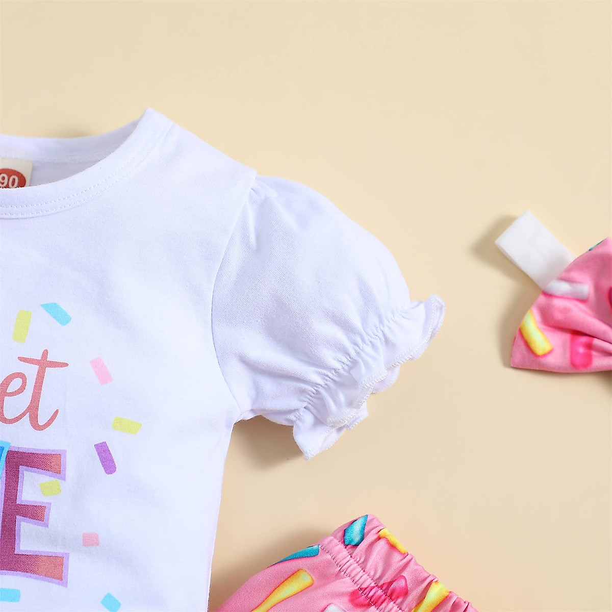 GRNSHTS Baby Girl Birthday Clothes Sweet One Letter Short Sleeve Romper+Donuts Flared Pants+Headband 3Pcs Cake Smash Outfits (Donuts White,9-12M)