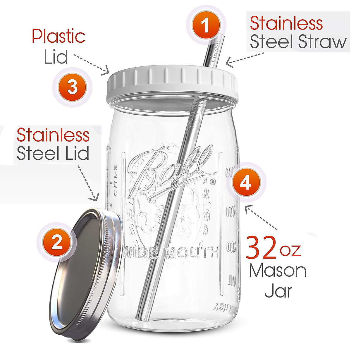 Reusable Wide Mouth Smoothie Cups Boba Tea Cups Bubble Tea Cups with Lids and Silver Straws Mason Jars Glass Cups (2-pack, 32 oz mason jars)