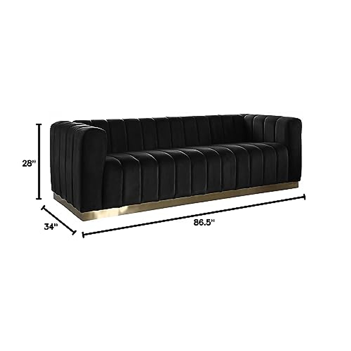Meridian Furniture 603Black-S Marlon Collection Modern | Contemporary Velvet Upholstered Sofa with Deep Channel Tufting, Stainless Steel Base in a Brushed Gold Finish, Black, 86.5" W x 34" D x 28" H