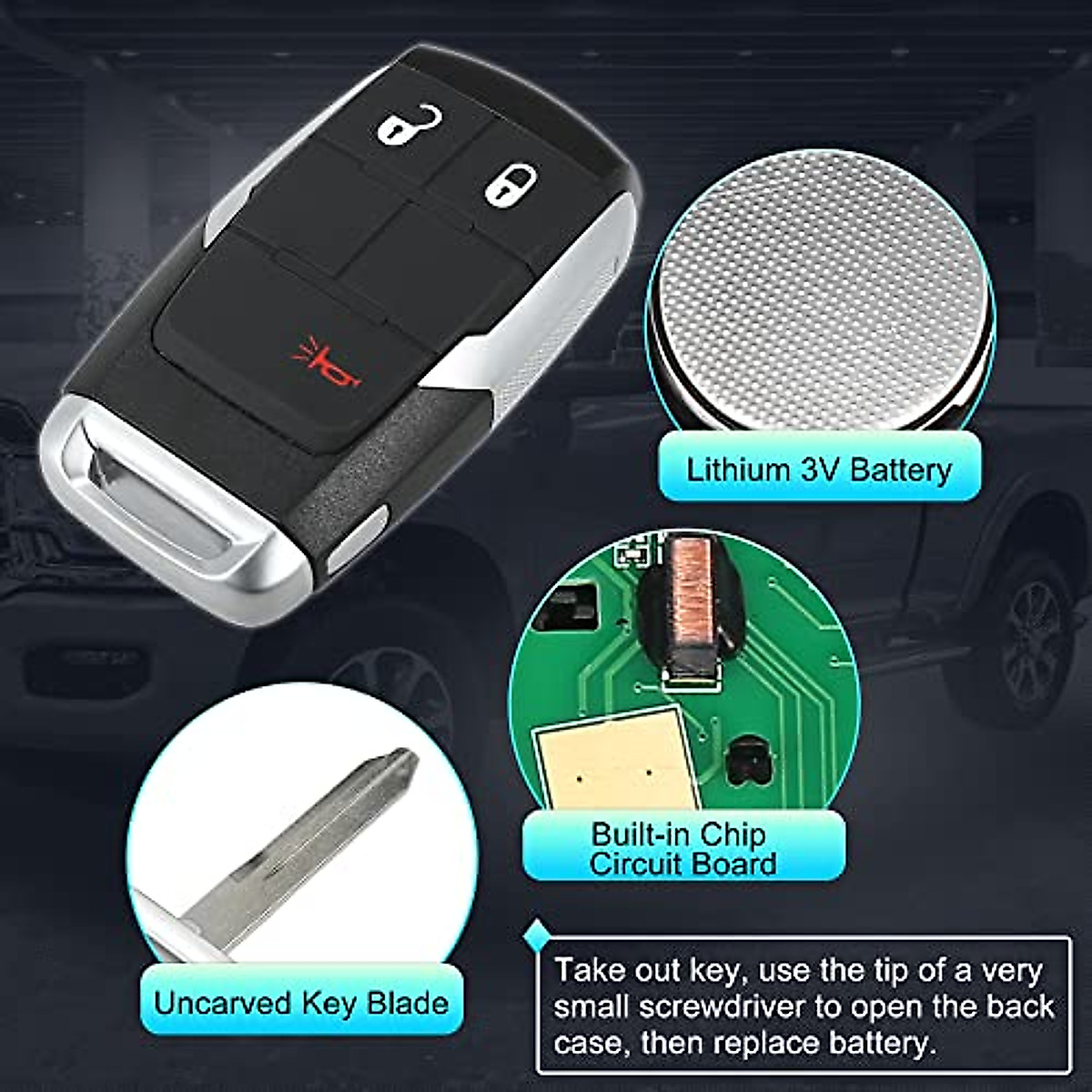 X AUTOHAUX Replacement Keyless Entry Remote Car Key Fob GQ4-76T 433Mhz for Ram 2500 3500 4500 5500 2019 2020 2021 3 Buttons with Door Key