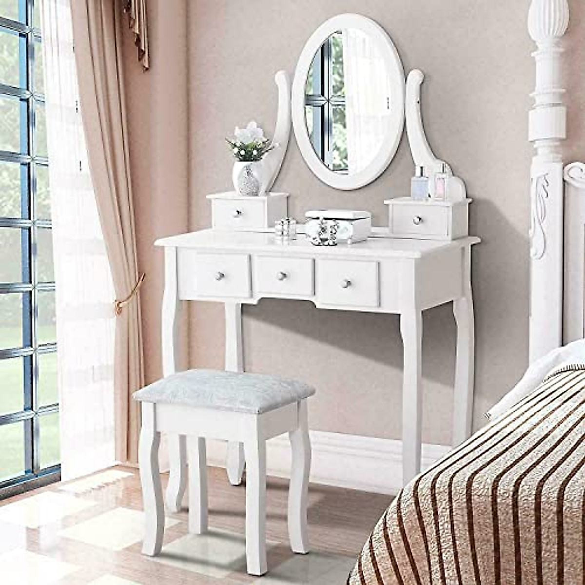 WINVOX White Vanity Dressing Table Set with Mirror Stool 5 Drawers Makeup Desk Bedroom ZLYCFCDUS
