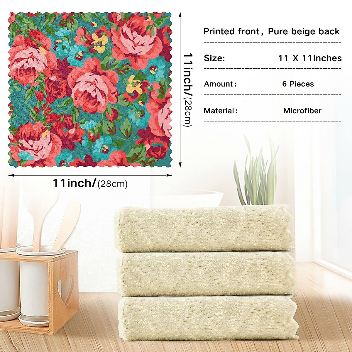 Kcldeci Red Green Rose 6 Pack Dish Cloths for Washing Dishes Kitchen Dishcloth Microfiber Dish Towel Rags Absorbent Reusable Cleaning Drainer Washcloths