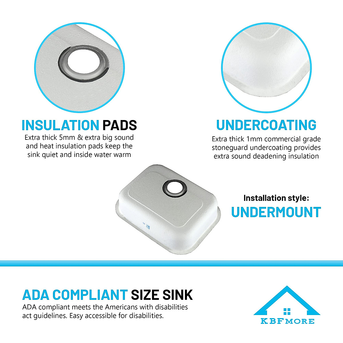 KBFmore 23 Inch Single Bowl ADA Compliant Stainless Steel Kitchen Sink, Rust Resistant Sound and Heatproof Shallow Drain 18 Gauge Undermount Sink with Sink Strainer and Removable Garbage Basket