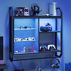 Bestier LED Gaming Floating Shelves, 34" Wall Mounted Shelf Pipe Shelves Hanging Display Rack Bookshelf with 6 S-Hook, Gaming Room Decor Wine Coffee Bar, Black Carbon Fiber