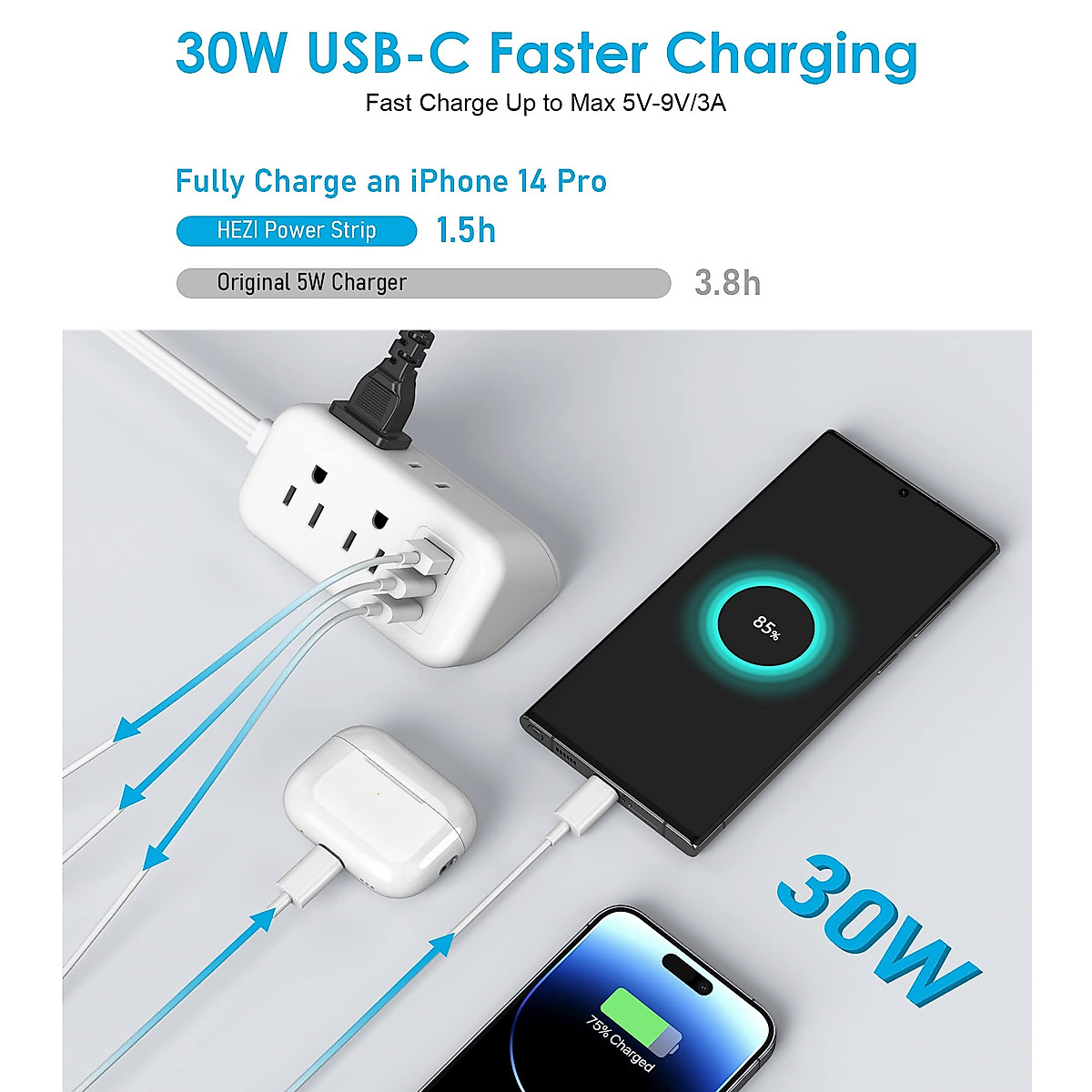 30W Power Strip USB C,5ft Black Extension Cord with USB C Ports, Small Portable Power Strip for Travel Home, Flat Plug 4 Outlet 3 USB Ports PD Fast Charging Cruise Power Strip Cruise Approved