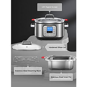 AMEGAT Slow Cooker 6 Quart, 10 in 1 Programmable Cooker, Rice Cooker, Sauté, Steamer & More, Stainless Steel Inner Pot, Steaming Rack & Glass Lid, Delay Start, Adjustable Temp & Time with LED Display