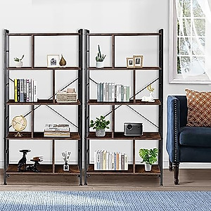 BETTAHOME Tall 5-Tier Bookshelf, 61'' Tall Open Book Shelf, Industrial Wooden Bookcase, Display Storage Organizer for Home Office, Bedroom, Living Room, Rustic Brown and Black