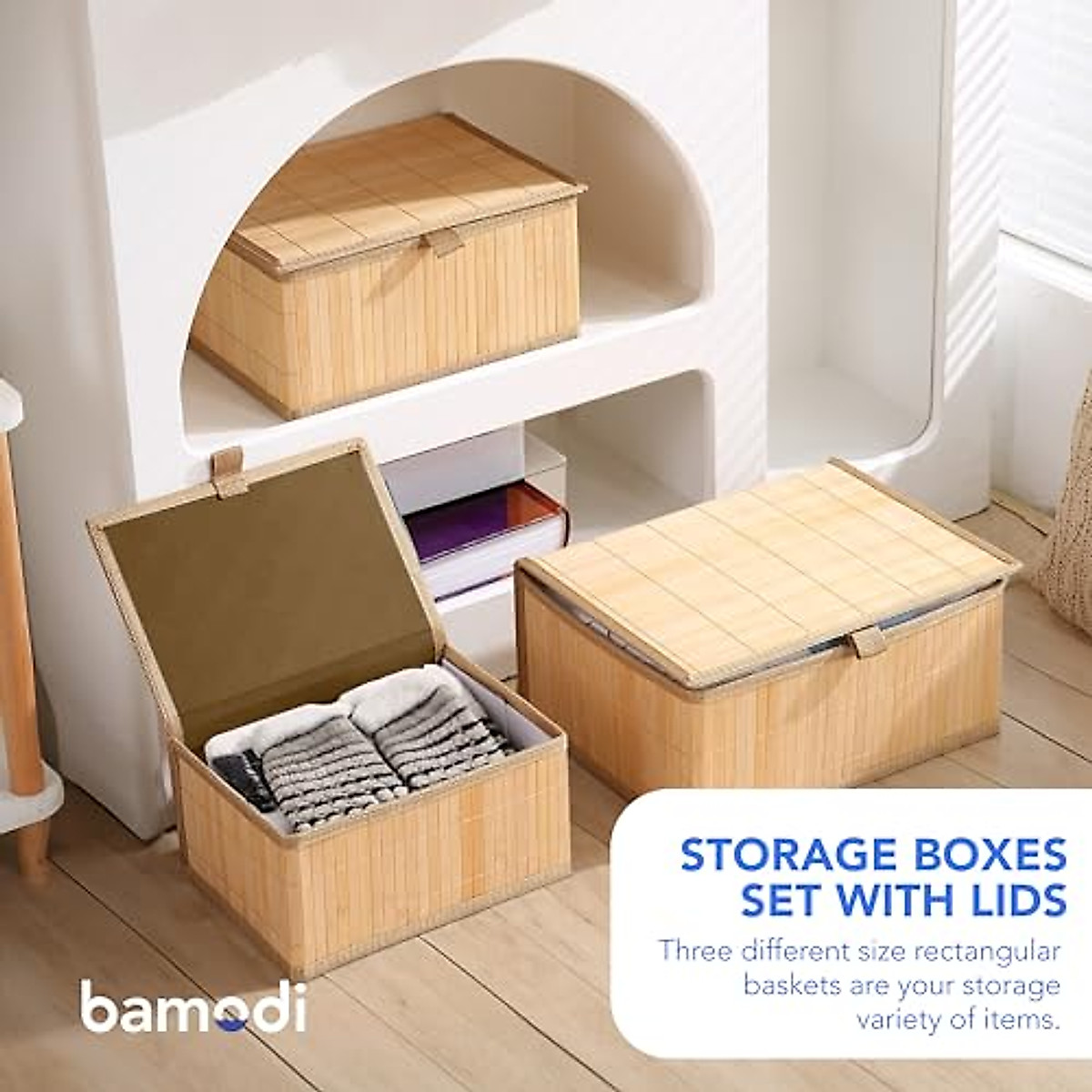 Bamboo Decorative Storage Boxes With Lids - Nesting Rectangular Lidded Box for Organization - Stackable Basket with Cloth Liner - Organizer for Toys, Home, Office - Woven Basket - Set of 3