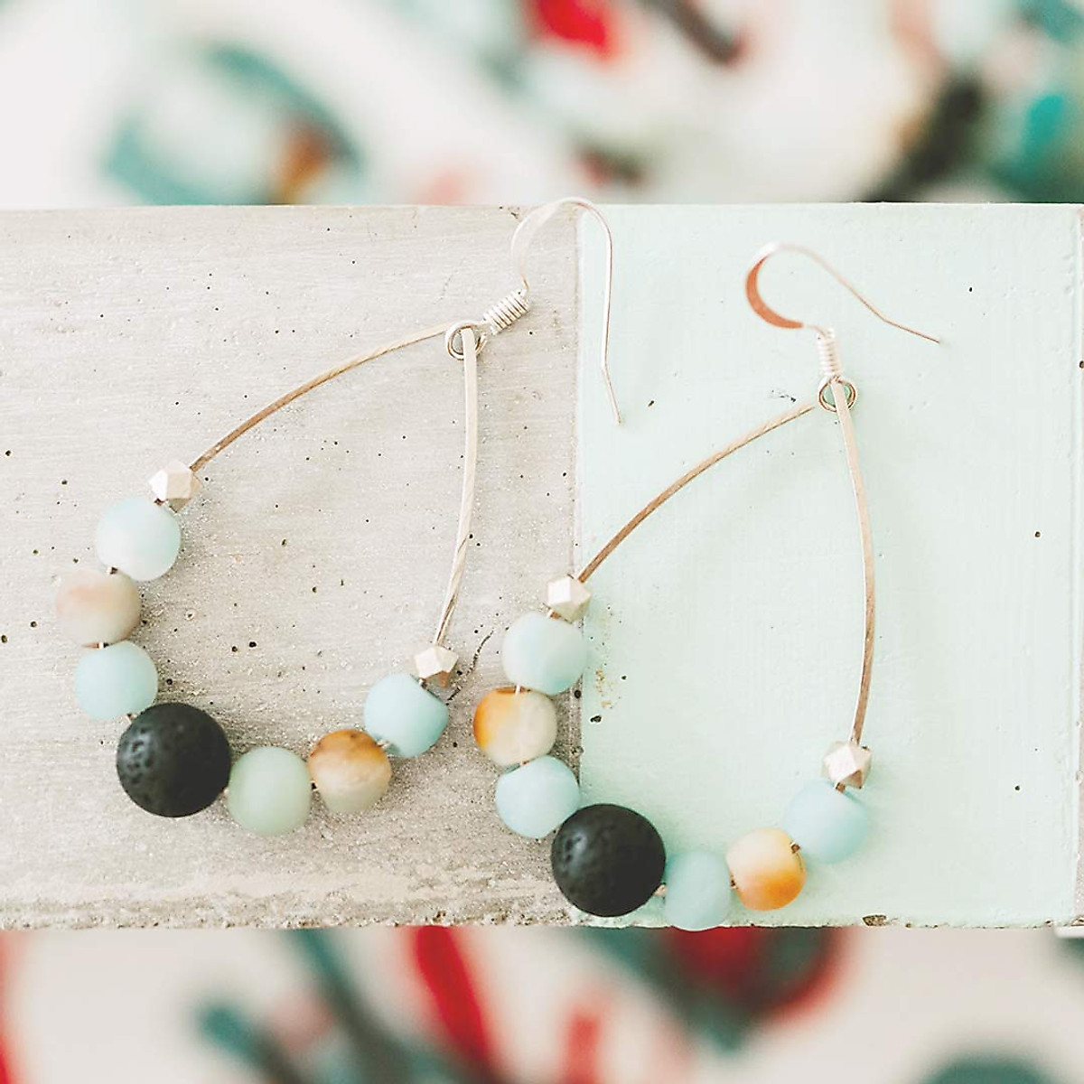 Subherban Essential Oil Earrings - MERMAID Aromatherapy Hoop Earrings with Lava Rock - Anti Stress & Anxiety Amazonite - Handmade Jewelry - Gifts for Women