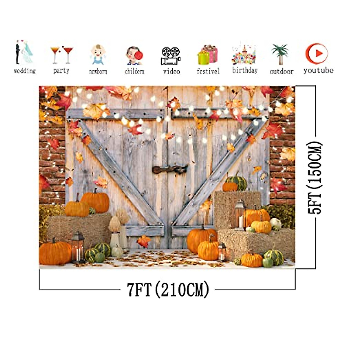 AIIKES 7X5FT Fall Thanksgiving Backdrop Autumn Pumpkin Harvest Barn Door Photography Backdrop Light Post Maple Leaves Haystack Thanksgiving Party Decorations Photo Studio Prop 12-457