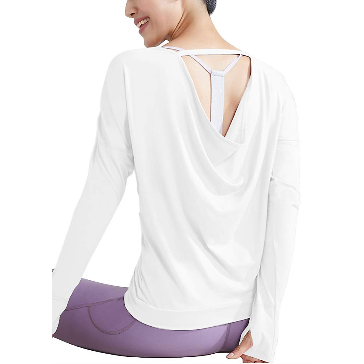 Bestisun Long Sleeve Yoga Tops Loose Backless Yoga Shirts Womens Gym Yoga Clothes Long Sleeve Activewear Tunic Workout Tops for Women Loose fit White M